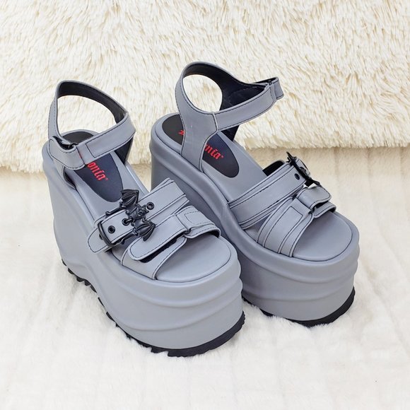 Demonia | Shoes | Reflective 6 Platform Goth Wedge Sandals Wave Gray ...